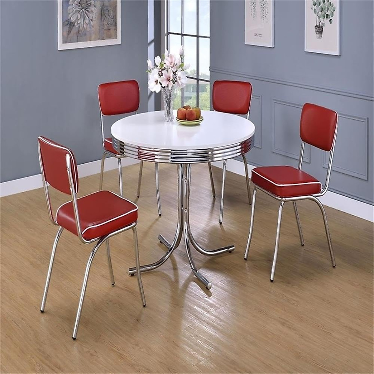 BOWERY HILL 42" Round Vintage Retro Dining Table in White and Chrome