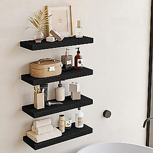 Fixwal 15.8in Floating Shelves, Rustic Wood Finish Wall Shelves Set of 4, Shelves for Wall Decor, with Invisible Brackets for Bathroom, Living Room,Bedroom and Kitchen(Black)