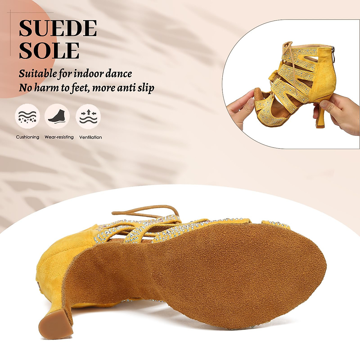 RUYBOZRY Women's Ballroom Latin Salsa Dance Shoes Lace-Up Open-Toe Dance Boots Dance Heels Booties,YCL570-Yellow-6,US 9