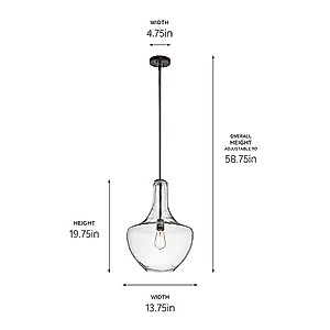 Kichler Everly 19.75" Kitchen Bell Pendant in Olde Bronze®, 1-Light Clear Glass Pendant Light, (19.75" H x 13.75" W), 42046OZ