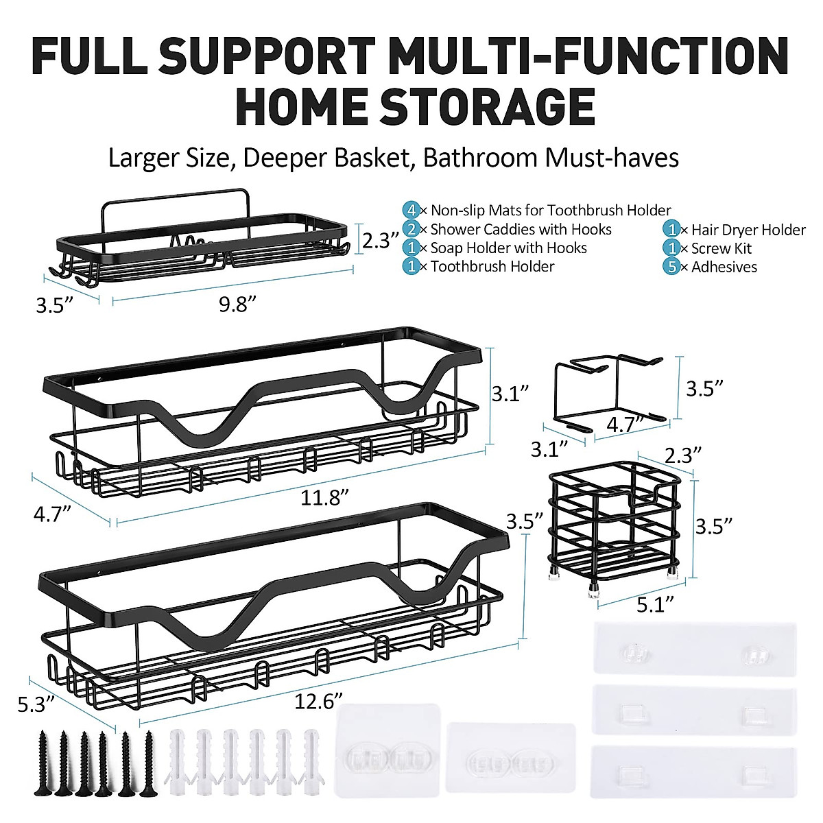 5 Pack Bathroom Shower Caddy Shelf Organizer, with Toothbrush/Soap Dishes/Hair Dryer Holder, No Drilling Wall Mount Adhesive Shelf for Inside Shower, SUS304 Storage Organizer Accessories (Black)