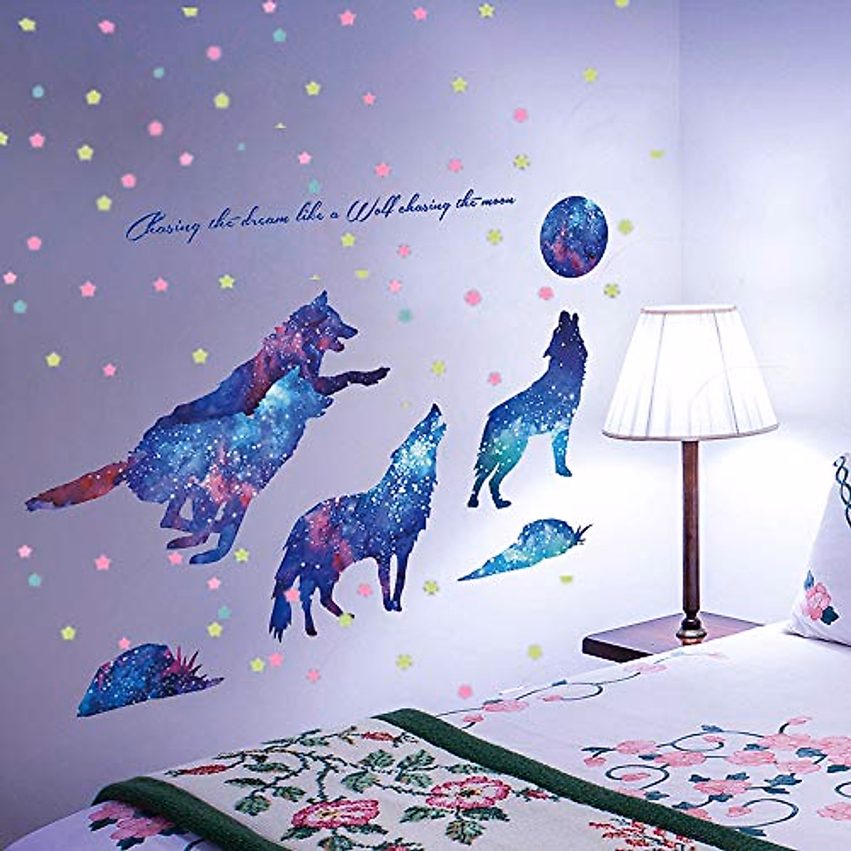 AMODA Glow in The Dark Wall Stickers Pasteable Wolf and Moon Stickers,Creative Luminous Wall and Ceiling Decal Ideal Gift for Girls Boys Children