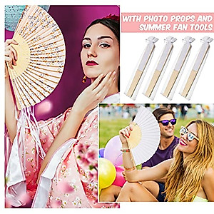 Yookeer 100 Pieces White Paper Hand Fan Bamboo Hand Folding Fans with Organza Hand Fan Bags White DIY Paper Folded Handheld Fans for Church Wedding Gifts Party Favors Dancing Home Decoration