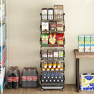 Wisdom Star 6 Tier Fruit Vegetable Basket, Wire Storage Basket Organizer Utility Cart with Wheels, Vegetable Basket Bins for Onions and Potatoes, Fruit Vegetable Storage Cart for Kitchen, Black