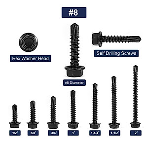 #8 x 1" Sheet Metal Screws 100PCS 410 Stainless Steel Hex Washer Head Tek Screws Fast Self Tapping Screws Black Oxide by SG TZH