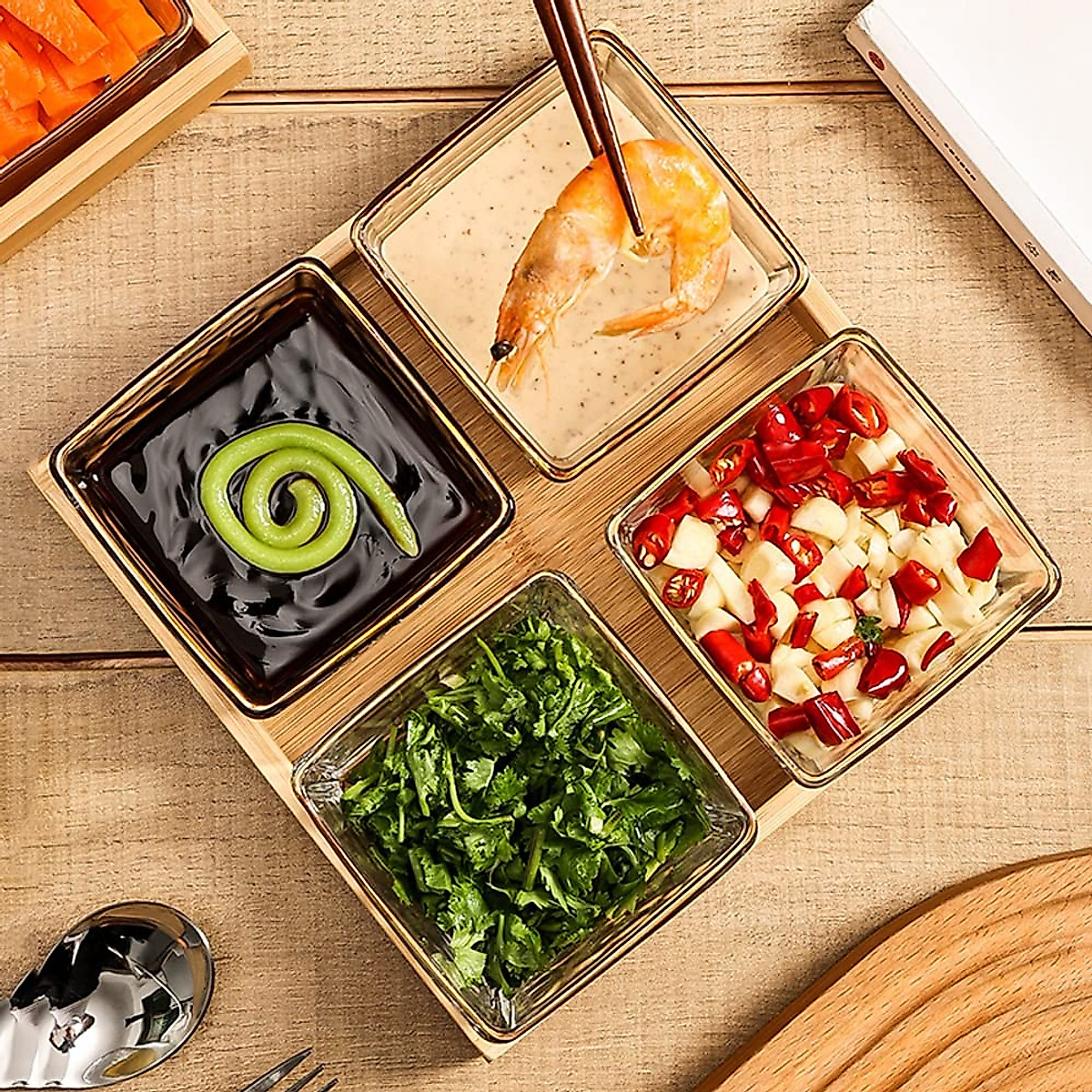 WAOCEO Appetizer Bowls Four-square Glass Snack Dish and Chassis Home Restaurant Divided Fruit Snack Dried Fruit Plate Side Dish Dipping Saucer Salad Bowls (Color : Brass)