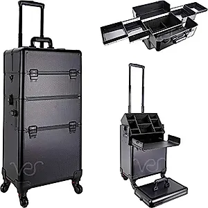 Ver Beauty 3-in-1 Professional 4 Removable Wheels Rolling Aluminum Art Craft Supplies Makeup Tattoo Artist Tool Case Organizer Easy-Slide Extendable Trays with Dividers Mirror, Black Dot