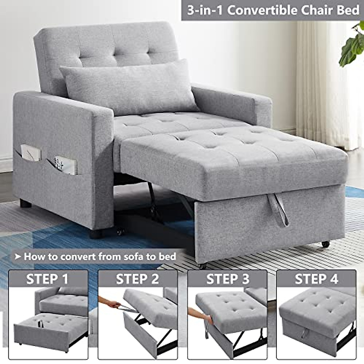 Setawix Convertible Chair Bed 3-in-1, Multi-Functional Sleeper Sofa Chair with Adjustable Backrest, Single Sofa Chair with Side Pocket and Pull Out Bed, Folding Recliner Chair (Linen, Grey)
