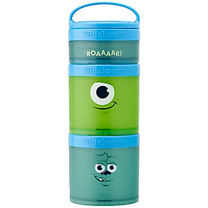 Whiskware Disney Pixar Stackable Snack Containers for Kids and Toddlers, 3 Stackable Snack Cups for School and Travel, Monsters Inc Mike Wazowski and Sulley