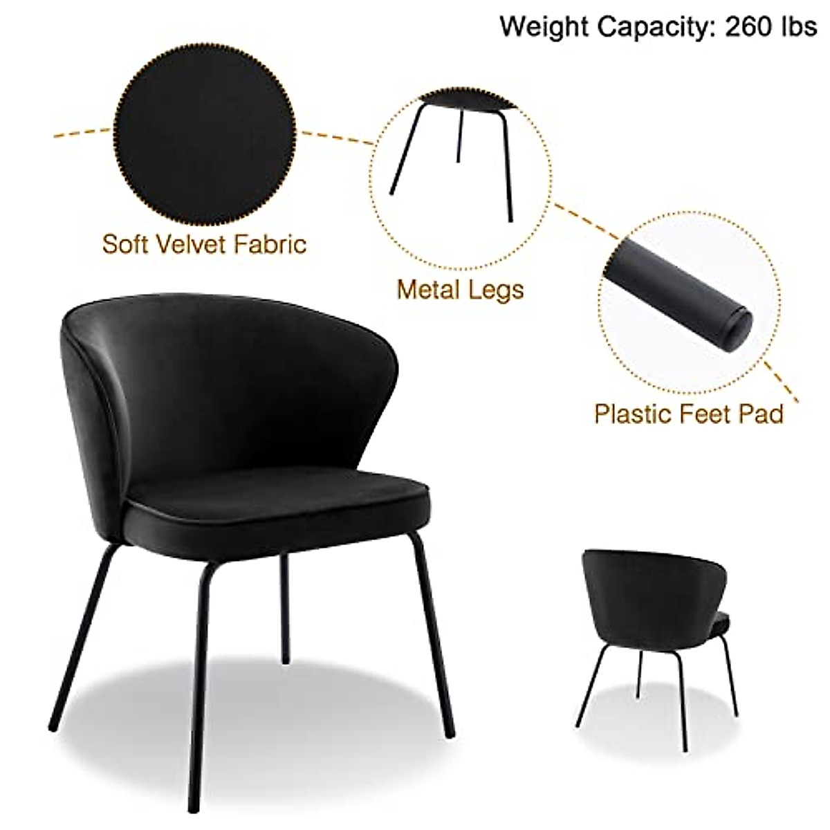 ONEVOG Black Velvet Dining Chair, Upholstered Chair with Upholstered and Wingback, Set of 2 Accent Chairs for Kitchen, Dining Room, Living Room Chairs