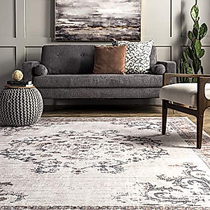 nuLOOM Layna Machine Washable Distressed Vintage Area Rug, 4' x 6', Light Grey