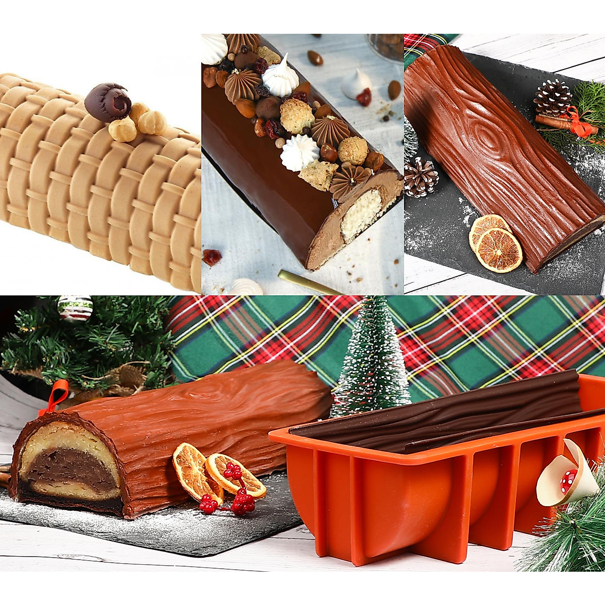 Webake Yule Log Cake Pan Silicone Yule Log Cake Mold with 2 Bark Mat, Christmas Cake Mold for Cake, Jello, Dessert, Great for Christmas