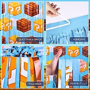 Bupelo Super Bros Birthday Party Supplies, 2 Pack Question & Brick Tinsel Foil Fringe Curtains, Super Game Themed Photo Booth Prop Party Backdrop, Super Bros Party Decorations Room Decor for Kids