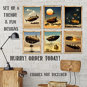 Steampunk Airships Art Prints - Set of Six Gallery Wall Photos (8x10) Unframed Print Poster - Science Fiction Home Decor and Gift For Aviation, Sailing, and Navigation Buffs