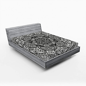 Ambesonne Ethnic Fitted Sheet, Mandala Inspired Art Hand Drawn Paisley Pattern Boho Native, Bed Cover with All-Round Elastic Deep Pocket for Comfort, King Size, Black and White