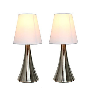 Simple Designs LT2014-WHT-2PK 12" Valencia 2 Pack Contemporary 4 Settings Touch Metal Mini Tapered Table Lamp Set with Fabric Shades for Home Décor, Nightstand, End Table, Bedroom, Living Room, Office, Foyer, Brushed Nickel and White