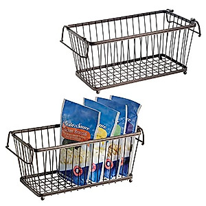 mDesign Household Stackable Metal Wire Storage Organizer Bin Basket with Built-In Handles for Kitchen Cabinets, Pantry, Closets, Bedrooms, Bathrooms - 12.5" Wide, 2 Pack - Bronze