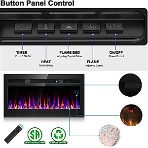 31 Inch Electric Fireplace Recessed and Wall Mounted, Fireplace Heater and Linear Fireplace, Ultra-Thin Electric Fireplace, Low Noise, with Timer, Remote Control, Adjustable 12 Flame Color, 750/1500W