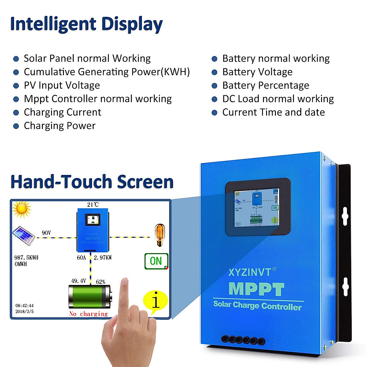 XYZ INVT MPPT Solar Charge Controller 60A Max 170V Input Volt PV Solar Panel Controller Touch Screen LCD Display 12V/24V/48V Auto Identify 36V Manual Setting (MPPT-60A)