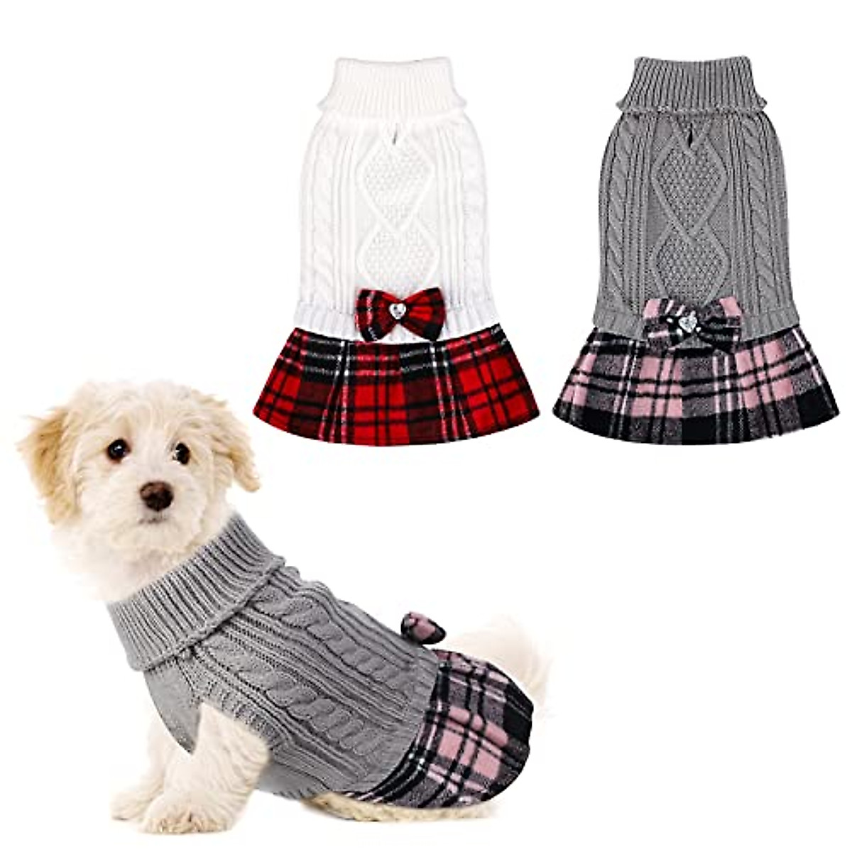 Pedgot 2 Pieces Dog Sweater Dress Plaid with Bowtie Turtleneck Dog Knitwear Pet Sweater Pullover Sweater for Dogs Cat Dress Checked (Beige, Grey, Large