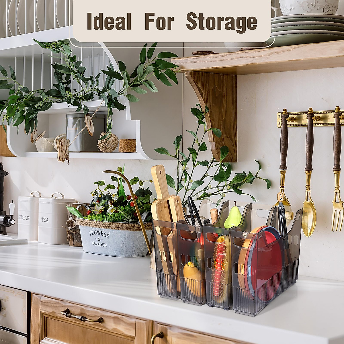 Baderke 4 Pcs Freezer Organizer Bins with Wheel Gray Plastic Narrow Storage Containers for Fruit (10 x 13.3 x 3.5'')