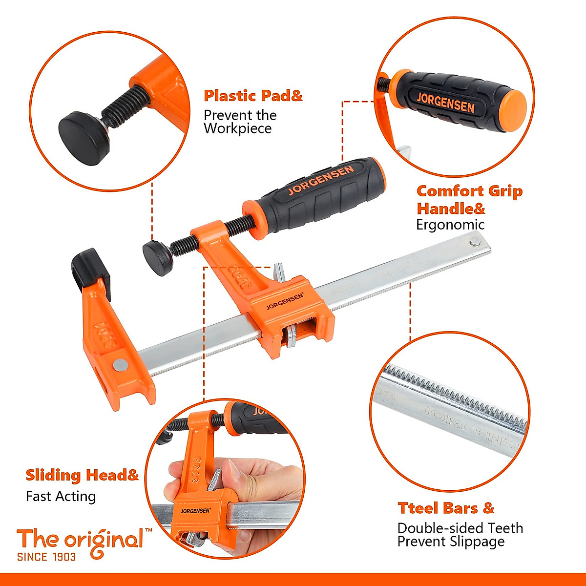 Jorgensen 6” Bar Clamp Set, 2-Pack Steel F Clamp Light Duty, 300 lbs Load Limited, for Woodworking, Metalworking, DIY