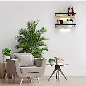 EAVA Floating Shelves, Lighted Wall Mounted Shelves,Paulownia Wood Wall Storage Shelves for Bathroom, Kitchen and Bedroom,Set of 2 with Removable Towel Holder and Hooks.