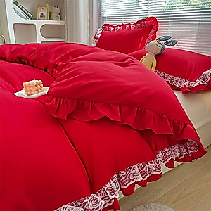 MOOWOO Chic Ruffle Lace Polyester Duvet Cover Set -Girl Red Bedding-3 Piece Full Duvet Cover with Zipper Closure -Ultra Soft and Light Weight (Red, Full Size)