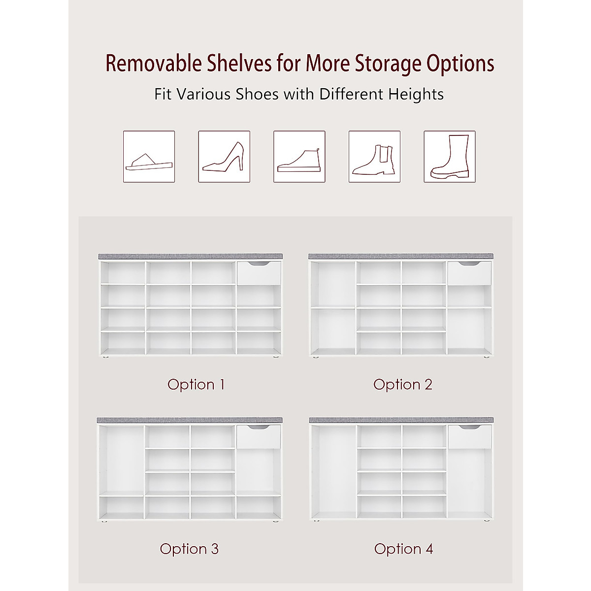 DINZI LVJ Shoe Bench, Entryway Storage Bench with Drawer and 15 Cubbies, Cubby Shoe Rack with Adjustable Shelves, Shoe Organizer Cabinet for Living Room, Bedroom, Mudroom, Closet and Garage, White