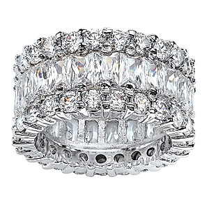 PalmBeach Yellow Gold-Plated or Platinum-Plated Sterling Silver Baguette Cut and Round Cubic Zirconia Triple Row Eternity Ring Size 9