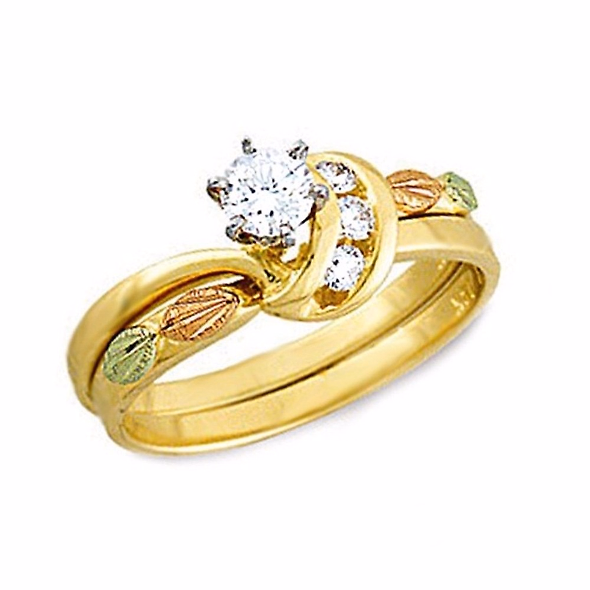 Diamond Bridal Set Engagement and Wedding Ring, 10k Yellow Gold, 12k Green and Rose Gold Black Hills Gold Motif, Size 5