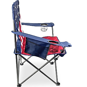 Black Sierra XL Patriotic USA American Flag Camping Chair, Oversize Foldable Outdoor Chair w/Padding & 2 Cupholders, Heavy Duty Lawn Chair Supports 300 lbs for Camping, Beach, RV, Patio, Sports