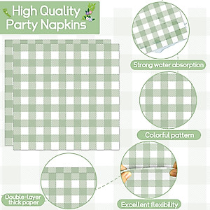 96 Pcs Sage Green Party Decorations Green Gingham Checkered Theme Tableware Set Green Plaid Plates Napkins Forks for Baby Shower Table Dinnerware Kids Boys Birthday Party Supplies 24 Guests