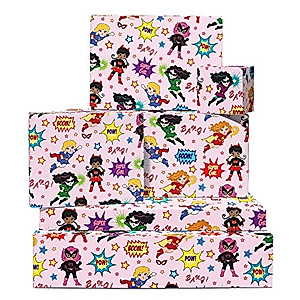 CENTRAL 23 Girls Birthday Wrapping Paper - Superhero Themed - Super Girl - 6 Sheets Gift Wrap - Baby Shower Wrapping Paper Girl - Comes with Stickers