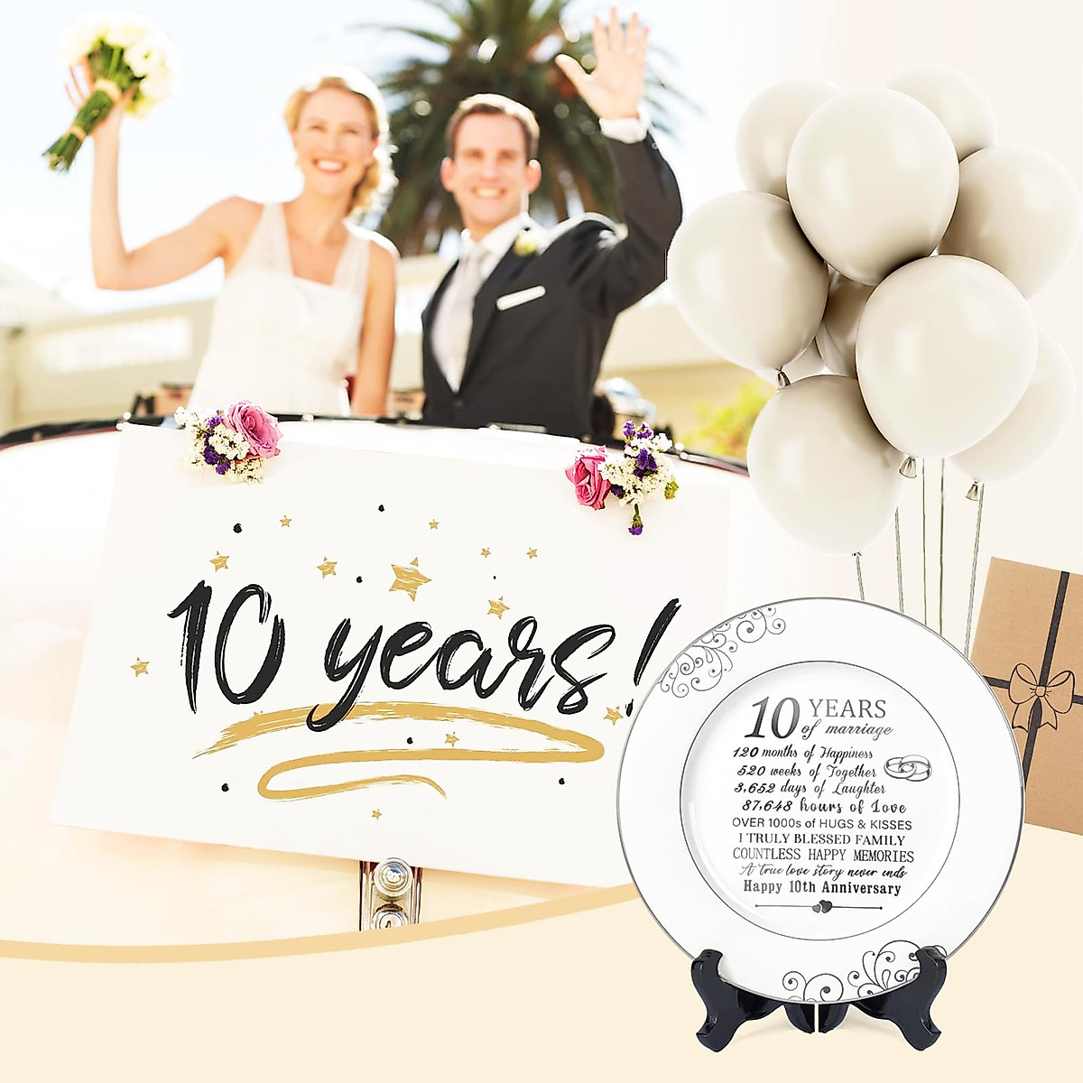 Urllinz 10th Anniversary Plate with Platinum Foil-10 Year Anniversary Wedding Gifts for Her Couples,Happy Tin Anniversary Wedding Gifts for Him,10th Anniversary Ideas Decorations,Ceramic 9 Inch