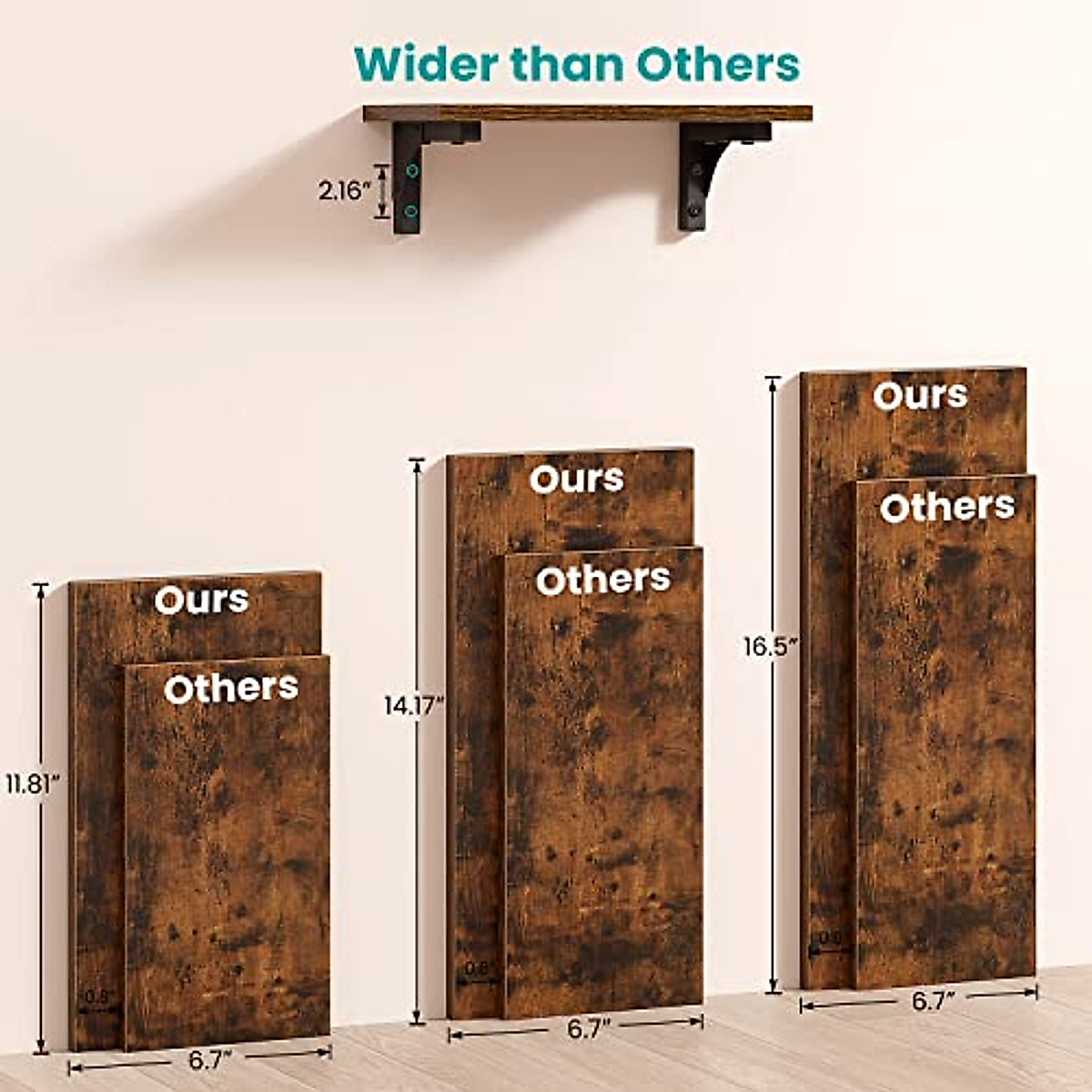 EZFurni Set of 3 Wider Floating Shelves, Wall Mounted Shelves for Wall Decor, Solid Wall Shelves for Bedroom, Customized Floating Shelves Bathroom, Kitchen, Versatile Wood Shelves, Rustic Brown