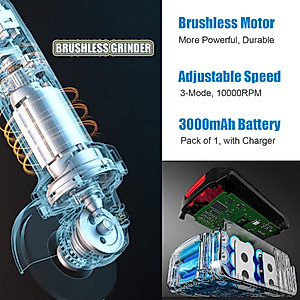 Cordless Angle Grinder 4.5 Inch, 10000 RPM, with 3000mAh Battery, Grinding Wheel, Cutting Wheels, Side Handle, Goggles, Storage bag, Lightweight Compact Electric Grinder for Cutting Grinding