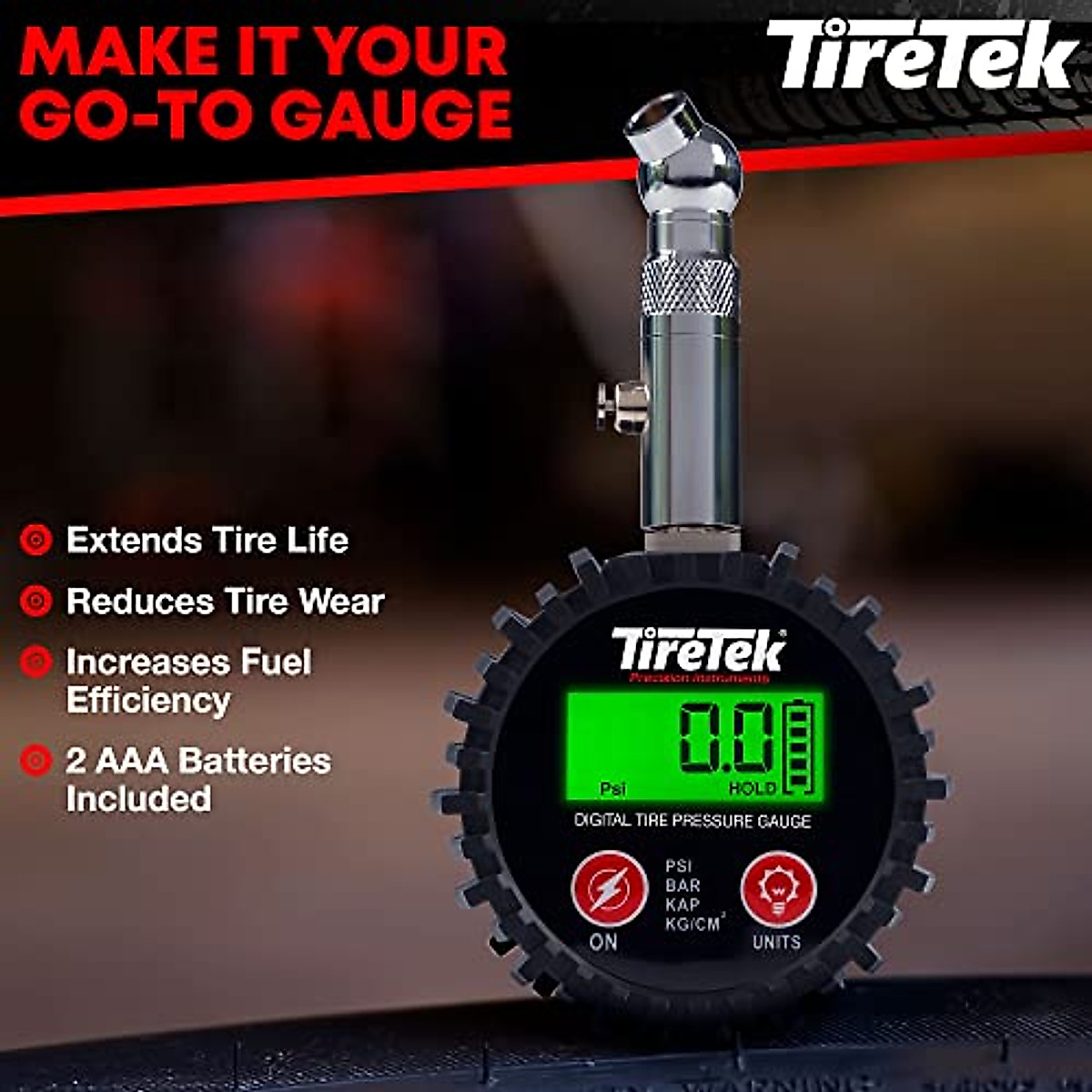 TIRETEK Digital Tire Pressure Gauge for Cars (200 PSI) - Smart Battery Saver Tire Gauges