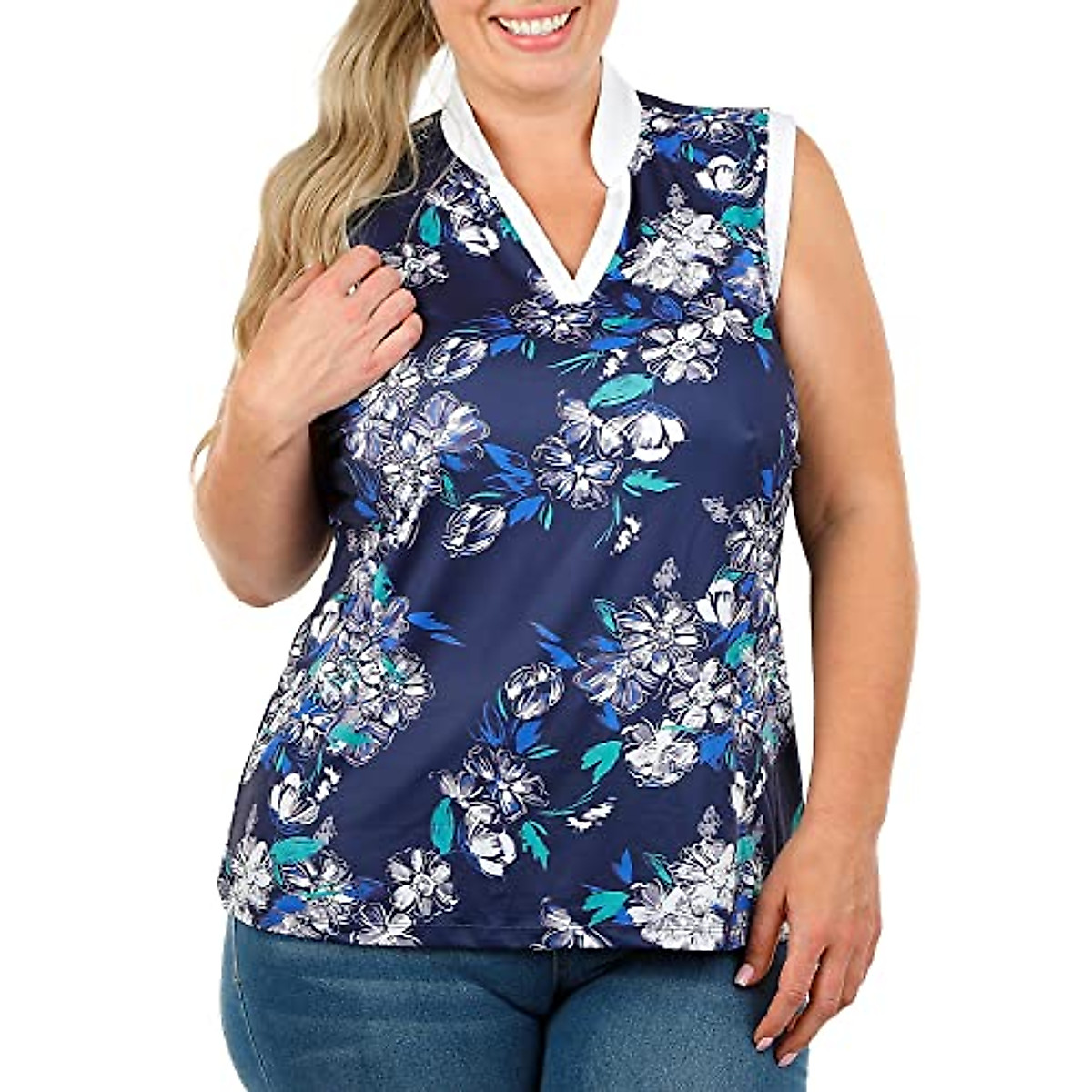 Coral Bay Golf Plus Tropical Floral Sleeveless Polo Top 1X Deep Navy Multi