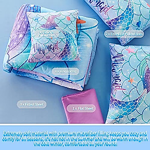 RYNGHIPY 6Pcs Mermaid Tail Comforter Set for Kids Girls, Mermaid Fish Scale Bed in a Bag Twin Size, Sparkle Teal Purple Rainbow Bedroom Decor Bedding Set