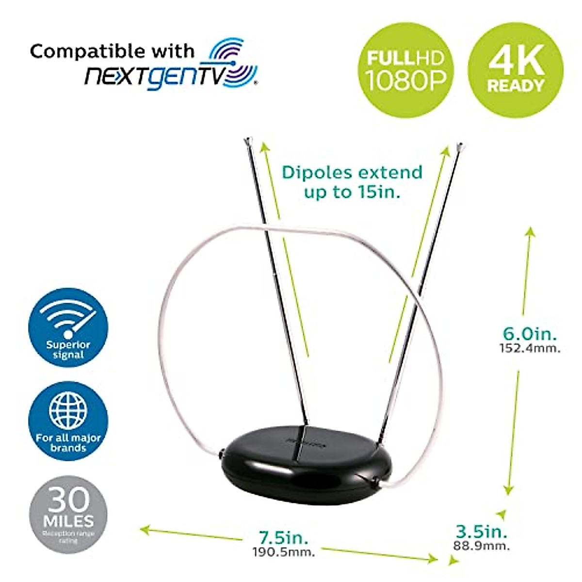 Philips Rabbit Ears Indoor TV Antenna, Dipoles and Circular Loop, Tabletop Antenna, Digital, Smart TV Compatible, HDTV Antenna, 4K 1080P VHF UHF, 5ft Coaxial Cable, Black, SDV8201B/27
