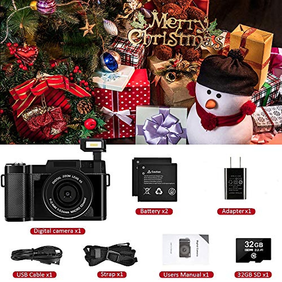 Digital Camera Vlogging Camera Full HD 2.7K 30MP Vlog Camera for YouTube Compact Digital Cameras with 32G Memory Card and 2 Batteries（Fixed Focus）