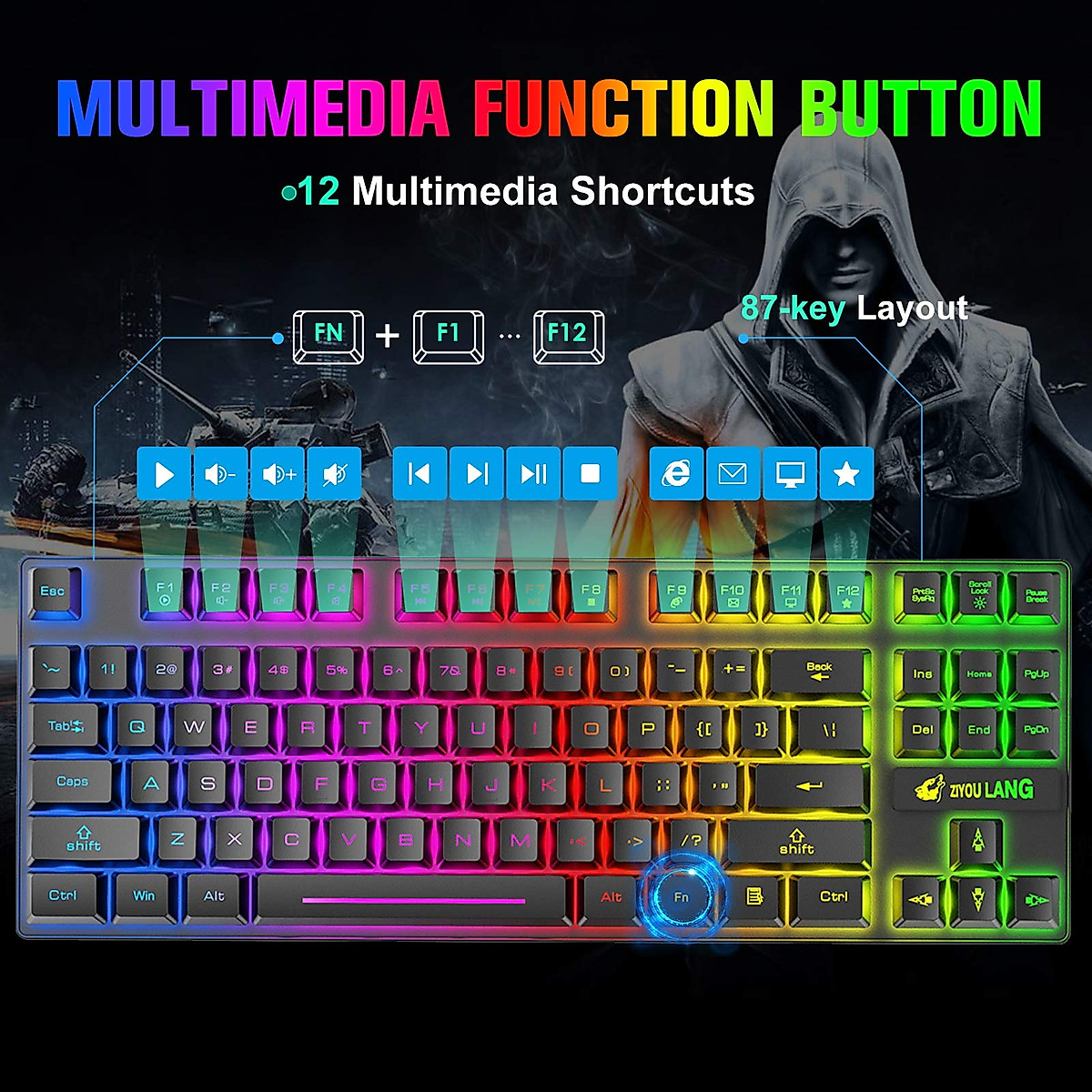 ZIYOU LANG Wireless Gaming Keyboard Mouse and Wired Headphone with Ergonomic 87Key Rainbow Backlight Rechargeable 3800mAh Battery Mechanical Anti-ghosting Mouse pad for PC Laptop Gamer Typist(Black)