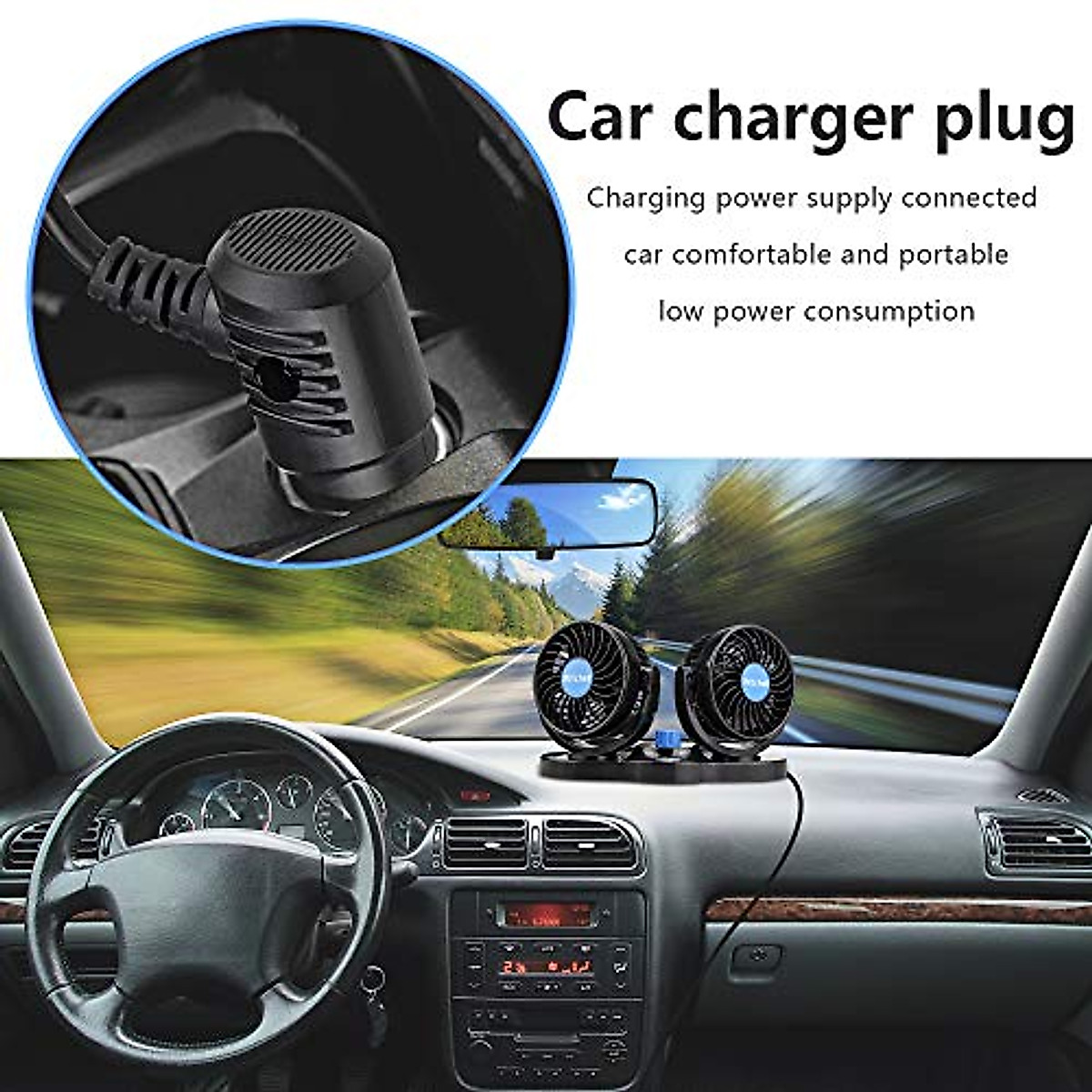 Jhua 12V Electric Car Fan 360 Degree Rotatable 2 Speed 4in Dual Head Car Auto Cooling Air Circulator Fan Quiet - Cigarette Lighter for Van SUV RV Boat Auto Vehicles Golf (Black