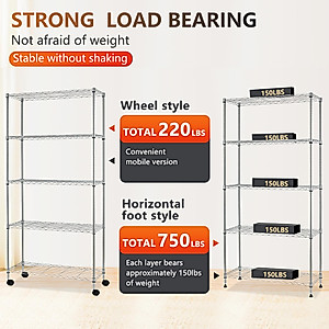 FDW Storage Shelves Adjustable Storage Rack Wire Shelf with Wheels Outstanding Load Metal 5 Tier Shelves Shelf Storage Solution for Small Spaces Multifunctional Easy Assembly,Chrome