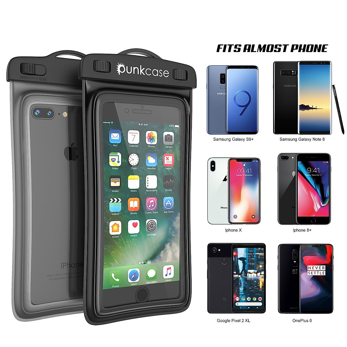 Waterproof Phone Pouch, PunkBag Universal Floating Dry Case Bag for Most Cell Phones incl. iPhone 8 Plus & Samsung Galaxy S9 | Perfect for Keeping Your Cellphone & Valuables Dry and Safe [Black]