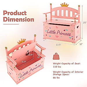 HONEY JOY Pink Wooden Toy Box, 2 in 1 Crown Large Toy Storage Chest with Safety Hinged Lid, Kids Toy Storage Bench for Playroom Bedroom, Children's Furniture, Gift for Princess Girls Age 3+, Pink