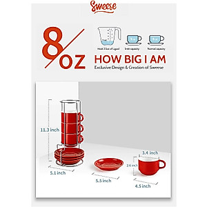 Sweese 8 Ounce Porcelain Stackable Cappuccino Cups with Saucers and Metal Stand - for Specialty Coffee Drinks, Cappuccino, Latte, Americano and Tea - Set of 4, Red