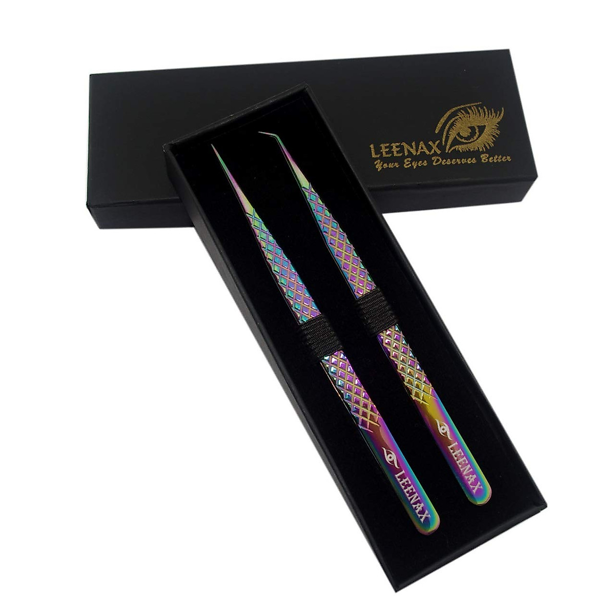 Eyelash Extension Tweezers Fiber Tip (Anti – Slip) Set of 2 pieces straight & curved with Diamond Grip, Rainbow Colour,14cm, volume Tweezers, Lash Extension Precision tweezers. (Multi)