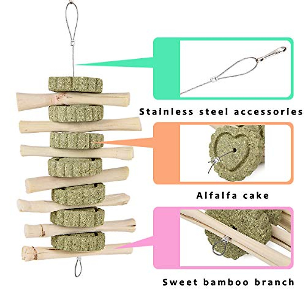 Natural Rabbit Hamster Chewing Toys Alfalfa Balls Sweet Bamboo Toys ,Hanging Treat Teeth Care Molar Toys for Small Pets Toys for Chinchilla Guinea Pigs(4 Pack)
